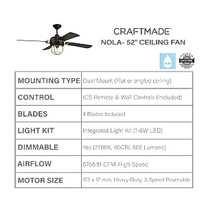Craftmade NOL52FBSB4 Nola Dual Mount 52" Ceiling Fan with LED Light and Remote, 4 Blades, Flat Black & Satin Brass