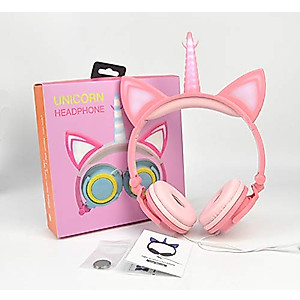 Olyre Cartoon Cute Headphones Wired 3.5mm Jack Light Up Flashing LED Unicorn Headphones Folding Adjustable On Ear Earphones for Women Girls Boys Children Kids Toddler School Birthday