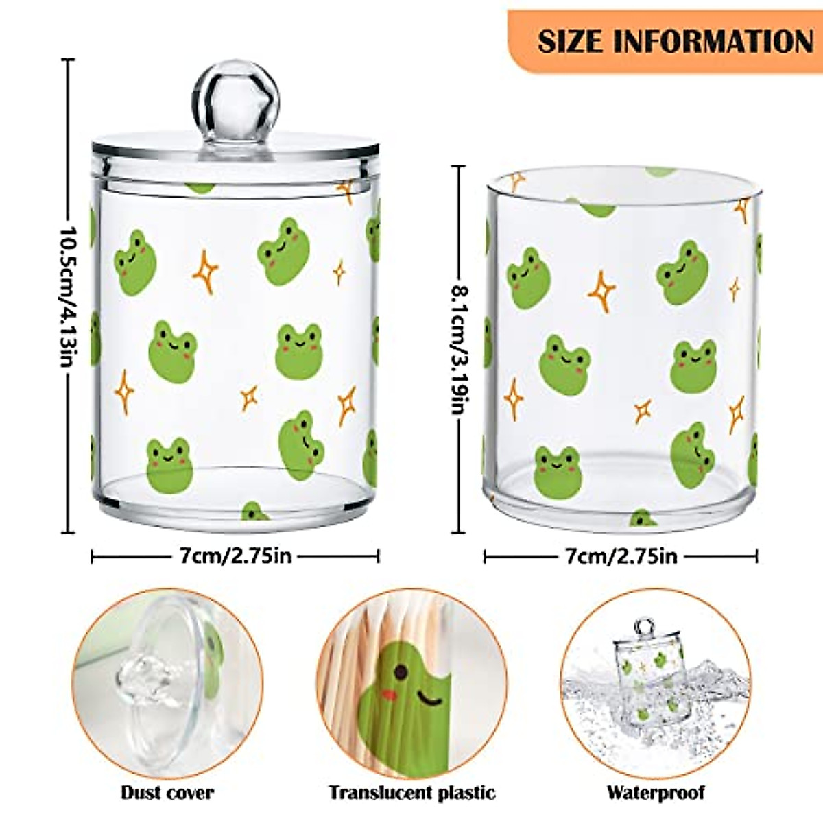 Bulletgxll Apothecary Jar with Lids 2 Pack Cute Frog Qtip Holder Clear Plastic Containers Bathroom Vanity Countertop Organizer for Cotton Swabs, Cosmetic Pads, Sponges, Flossers