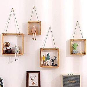 Square Floating Shelves,Rustic Wall Mounted Wood Cube Display Shelf Shadow Boxes,Large Wooden Wall Organizer Hanging Shelf,Home Office Boho Wall Decorations for Living Room Bedroom,Brown,Set of 4