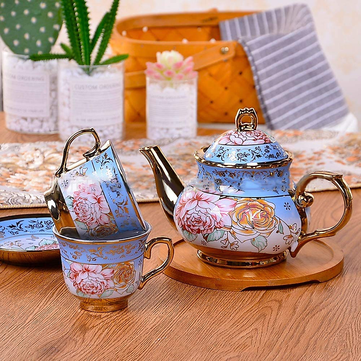 DaGiBayCn 20 PCS Tea set Ceramics Tea set Afternoon Tea Set Adult tea set Gift Tea Set Can Drink Coffee Strong Tea blue