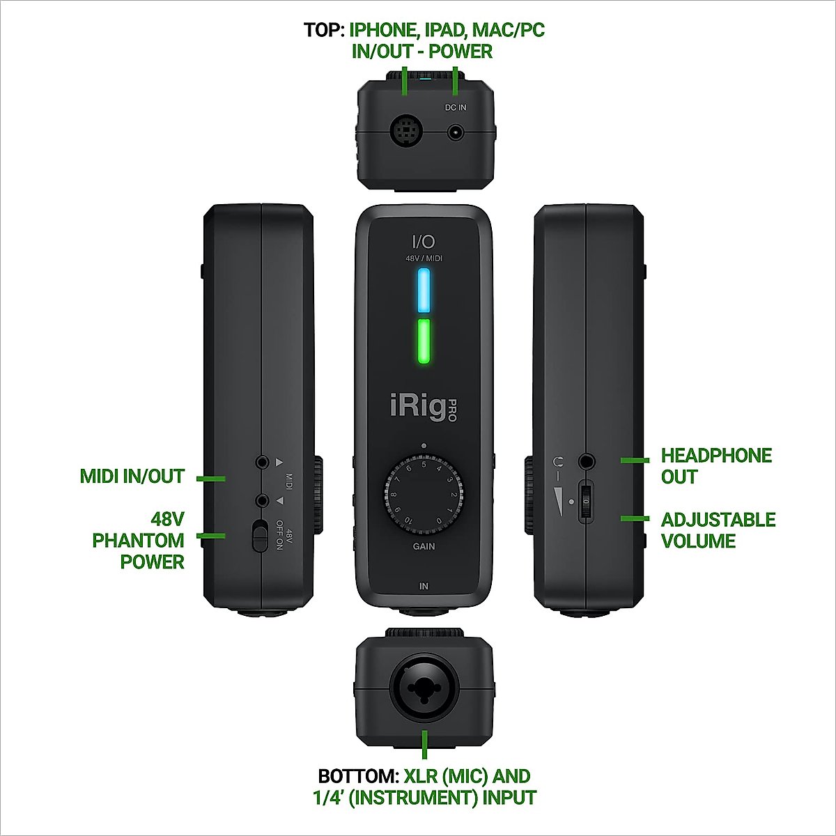 IK Multimedia iRig Pro I/O audio interface for iPhone, iPad, Mac, iOS and PC with USB-C, Lightning and USB cables, 24-bit, 96 kHz recording and guitar, bass and XLR mic inputs