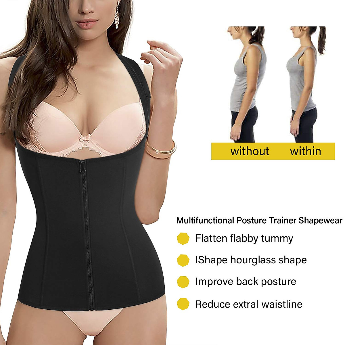 URSEXYLY Women Back Braces Posture Corrector Waist Trainer Vest Tummy Control Body Shapers for Spinal Neck Shoulder and Upper Back Support (M, Black)