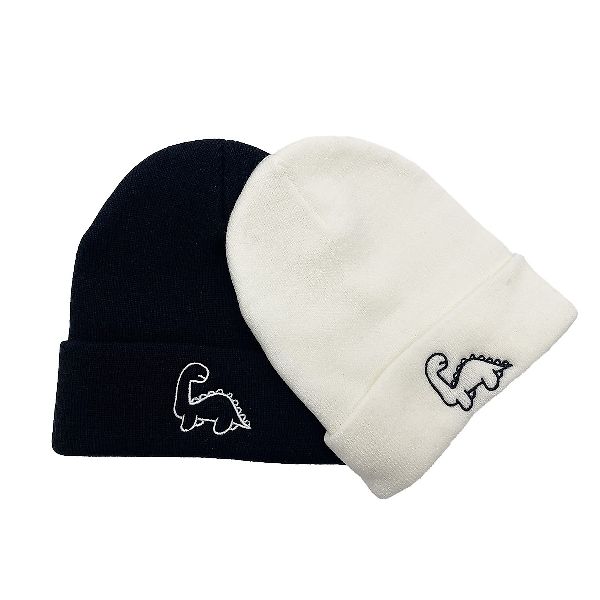 CZEVIP Dinosaur Funny Beanie Hat 2 Pack Warm Knit Winter Hat Black White Mens Ski Hat Snow Cap Beanies Slouchy Beanies for Men Women