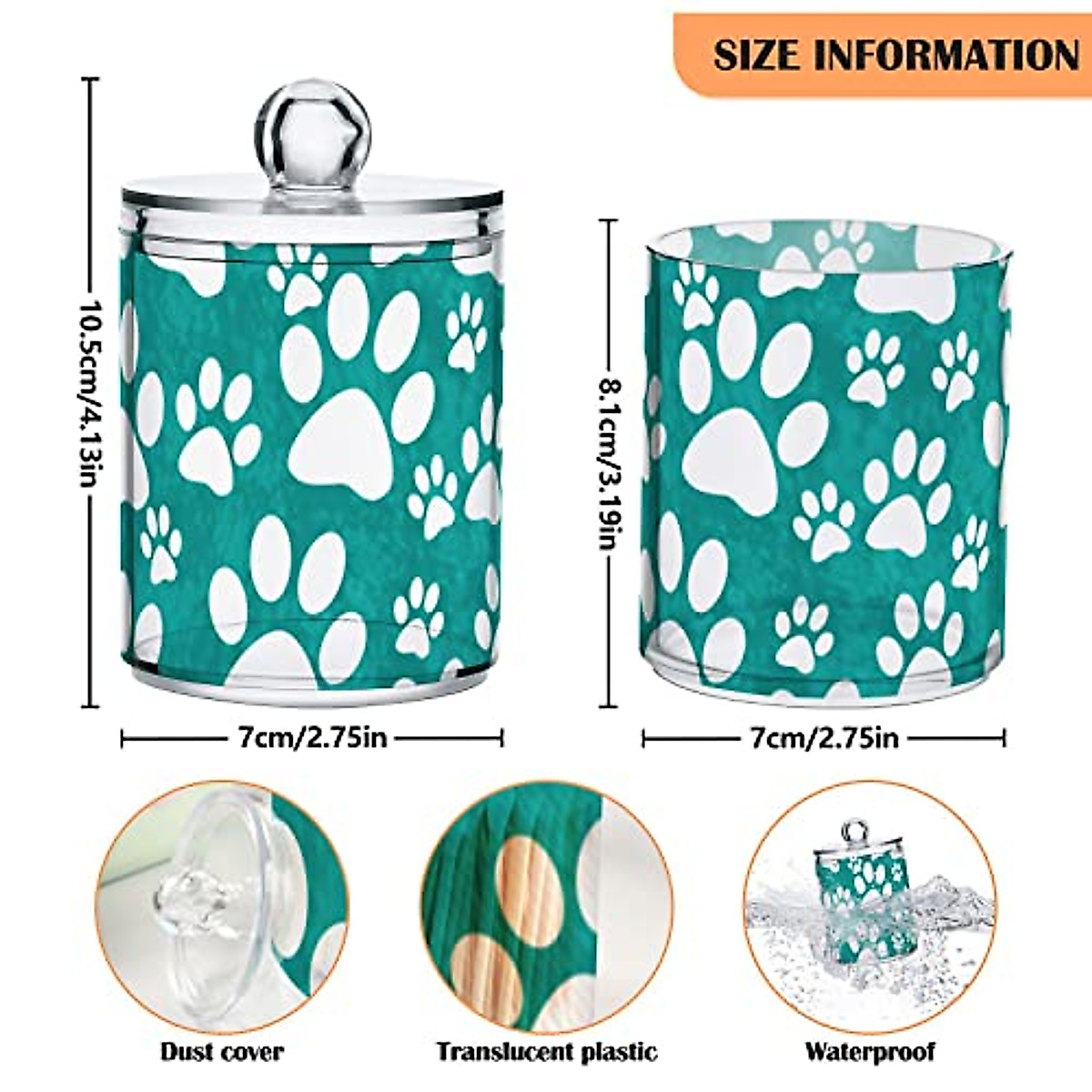 Fustylead 2 Pack Teal Dog Paw Prints Plastic Apothecary Jar Set for Bathroom Storage, Qtip Holder Dispensers for Cotton Ball, Swab, Round Pads, Floss