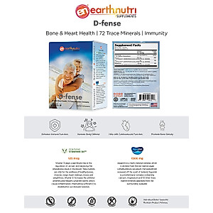 EarthNutri D-fense Bone & Heart Health, 72 Trace Minerals, Immunity, Vitamin D3 Vitashine, Calcium, Iron, and Magnesium Aquamin - 60 Veg Cap, Blister Sealed.