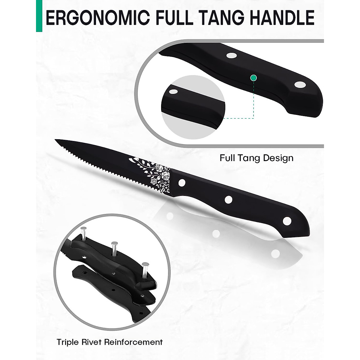 EUIRIO 8-Pieces Steak Knives,Matte Black Steak Knives Set of 8,Stainless Steel Serrated Steak Knives,Full Tang Triple-Riveted Dinner Knives with Laser Pattern,Dishwasher Safe for Kitchen Restaurant