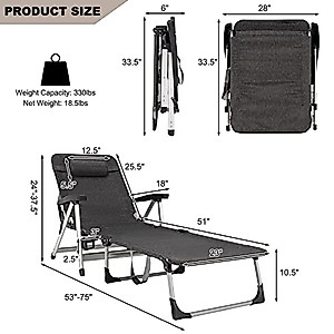 Goplus Chaise Lounge Chair, Folding Outdoor Patio Lounger with Cup Holder & Detachable Headrest, Comfortable for Garden Beach Pool Sunbathing, 7-Position Adjustable (1, Grey)