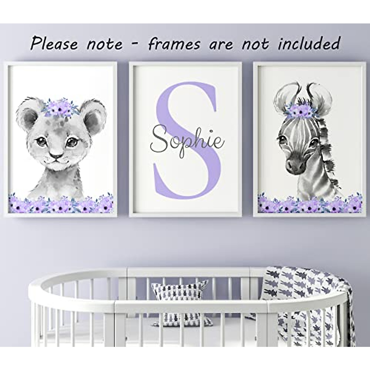 Personalized Safari Animals for Baby Girls Nursery Bedroom Unframed Set of 3 Poster Prints, Personalized Name Pink Purple Flowers Wall Art Decor New Baby Gift Present, Elephant Giraffe Panda Zebra Lion (8x10)