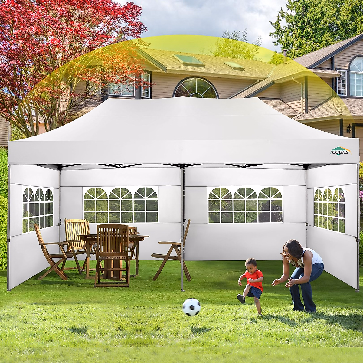 COBIZI 10x20 Canopy with Sidewalls, Heavy duty Party Tent Pop up carpas para fiestas, Tents for Parties, wedding, Outdoor Ez up Foldable Portable Canopy Tent with Wheeled Bag, White(Windproof Upgrade)