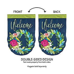 Evergreen Welcome Spring Floral Wreath House Size Flag | Double Sided & 3D Applique Stitching Burlap | Blue Green Pink | 44-in x 28-in | Outdoor Home Décor Lawn Yard Patio Deck Porch