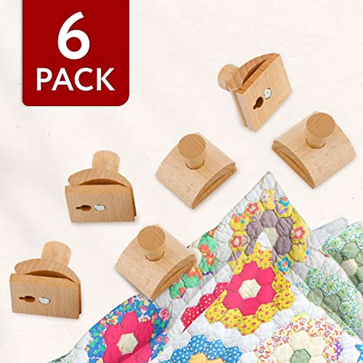 [6 Pack] Quilt Wall Hangers to Showcase Your Work – Extra Wide Strong Grip Tapestry Hangers for Walls – Easy to Install Quilt Hanger Clips with Hardware Included – Stylish Wooden Tapestry Hanger