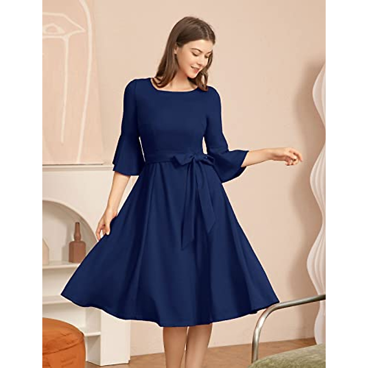 Modest Dresses for Women 3/4 Sleeve Vintage Wedding Guest Midi Dress Long Sleeve Dress for Women Fit and Flare Tea Party Homecoming Dress Navy L