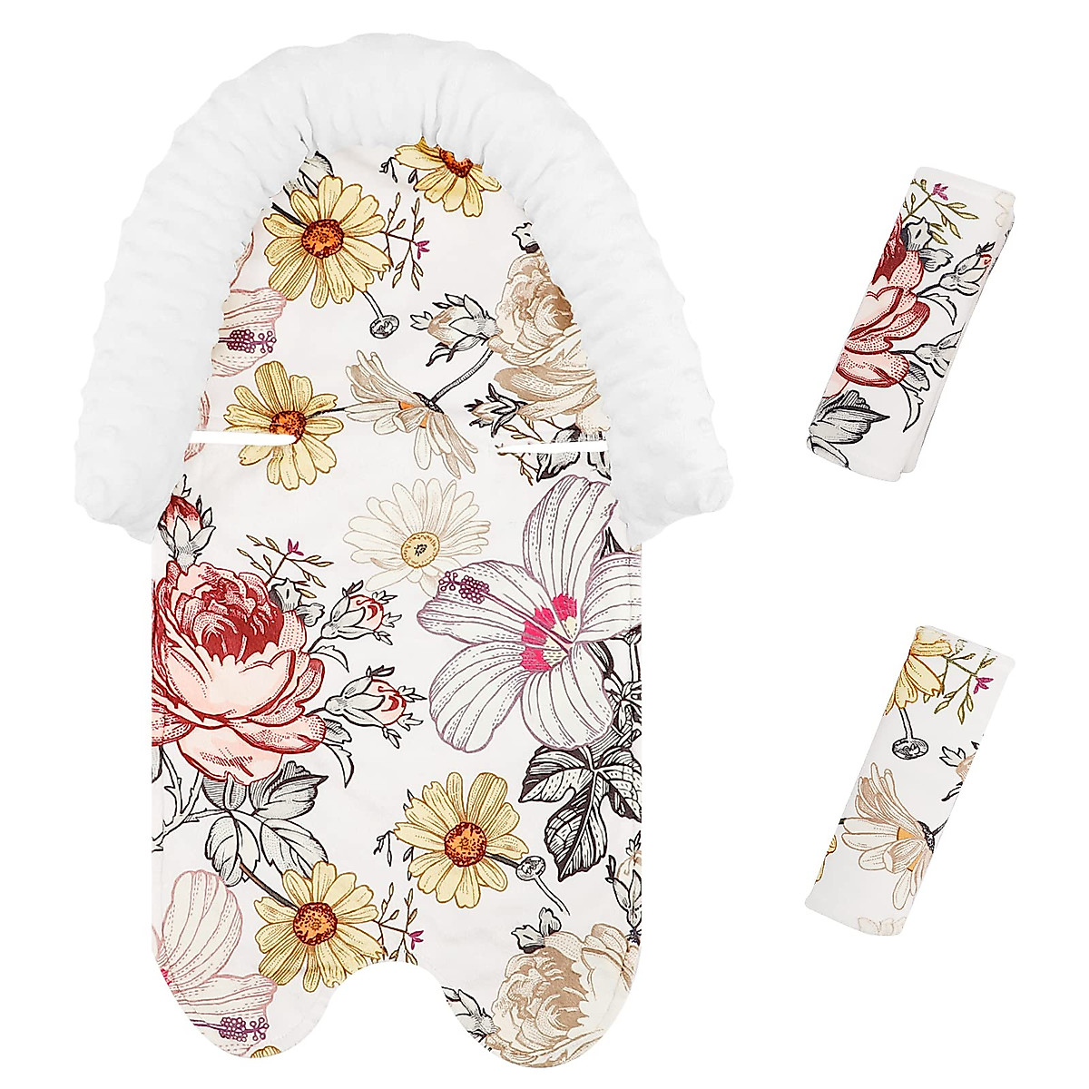 2-in-1 Baby Head Support and Strap Cover for Car Seat, Super Soft Mink Floral CarSeat Insert Cushion Headrest for Bouncers, Strollers, Swing