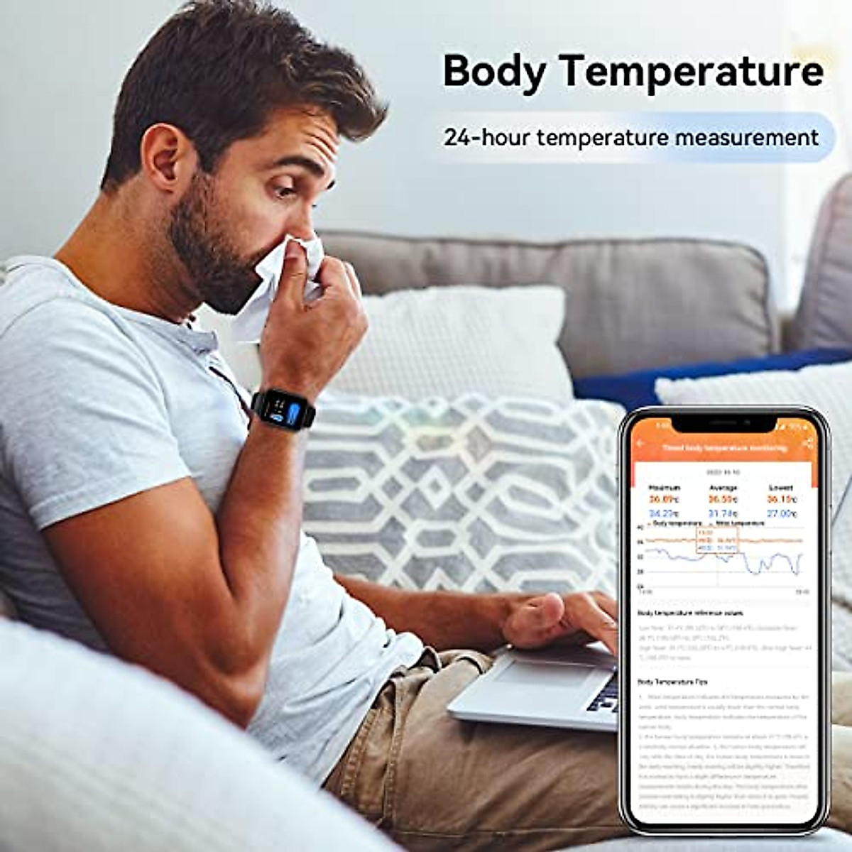 Smart Watch with Bluetooth Call ( Answer/Make Call) for Women Men, Health Watch with Body Temperature, Blood Pressure, Heart Rate, Sleep Monitor, IP68 Waterproof Fitness Tracker for Android iOS Phones