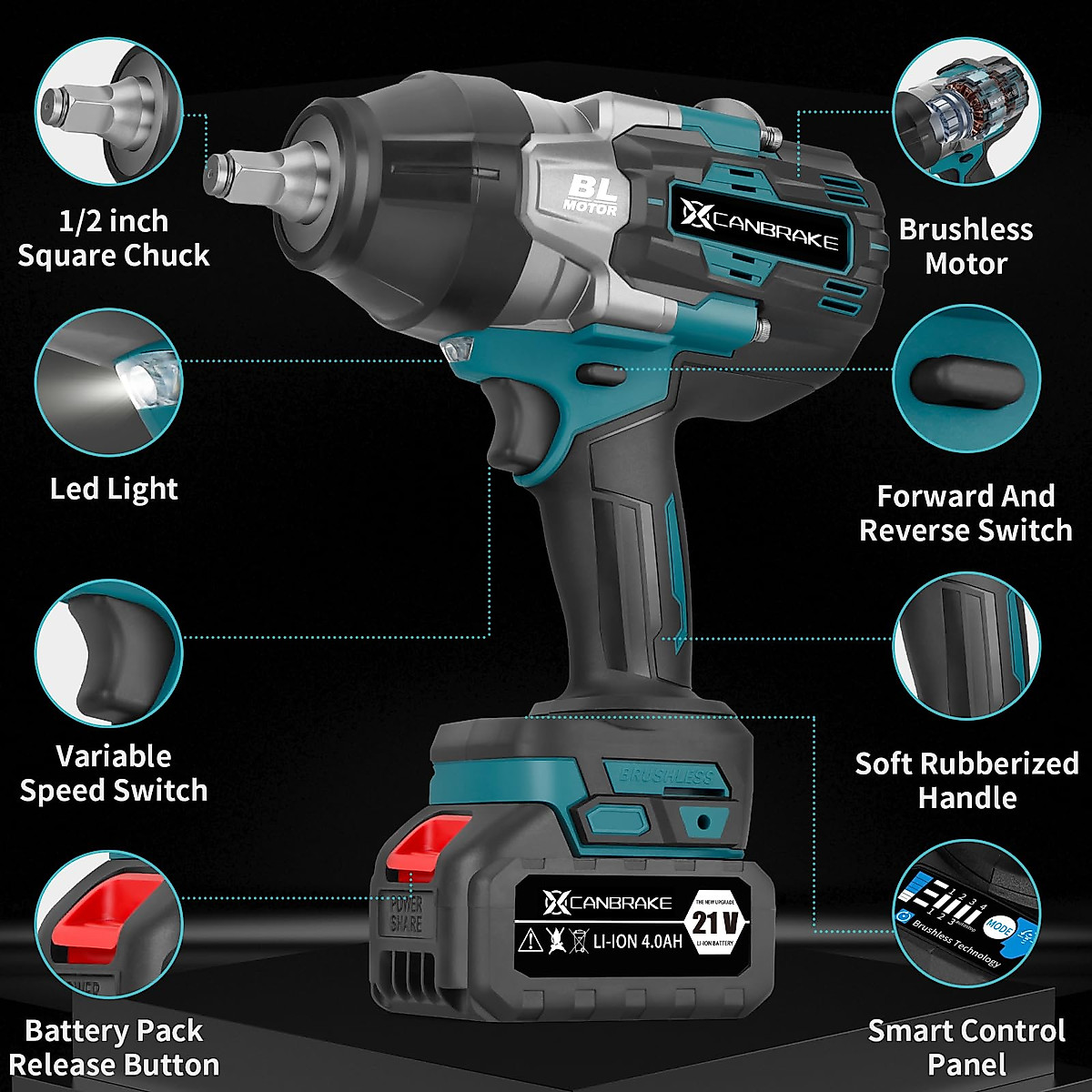 CANBRAKE 2000Nm 1/2" Cordless Impact Wrench, 21V Heavy Duty Impact Gun with 2 x 4.0Ah Battery & 5 Sockets, 1500ft-lbs Brushless Electric Pistola Llave de Impacto 3 Variable Speeds for Truck Mower Car