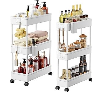 Pipishell Bathroom Cart, 2 Pack Slim Storage Cart Organizer with Hanging Cups & Hooks, Rolling for Bathroom, Laundry Room, Kitchen, Set of 2, PIUC07WK2