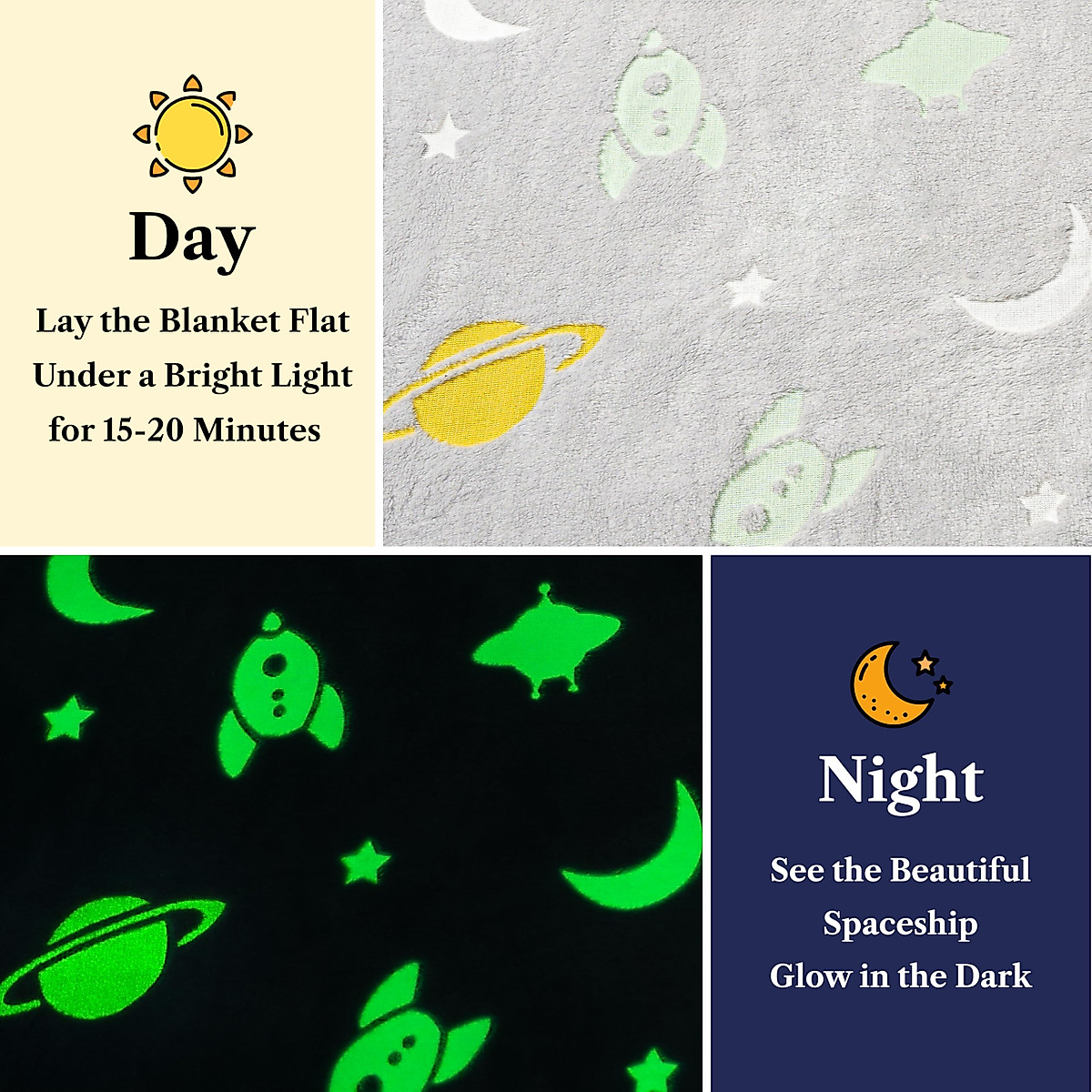 PAVILIA Glow in the Dark Blanket, Spaceship Space Gift for Girls Boys, Toy Blanket for 1 2 3 4 5 6 7 8 9 10 Year Old Boy, Soft Plush Fleece Kids Gift Blanket for Birthday, Christmas, Room Decor, 50x60