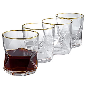 MyGift Set of 4 Clear Glass Old Fashioned Whiskey Tumblers with Prismatic Geometric Shape Design and Gold Rim - 11 oz