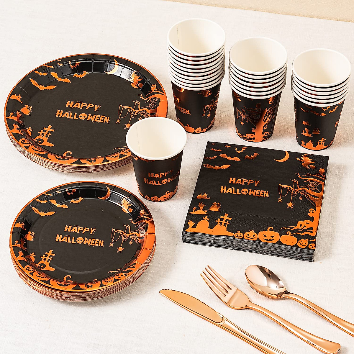 Crisky Happy Halloween Napkins Plates Cups Tableware Set of 24 for Halloween Party Decorations Halloween Party Supplies, Set of 24 (9" Plates,7" Plates, Luncheon Napkins, 9oz Cups)
