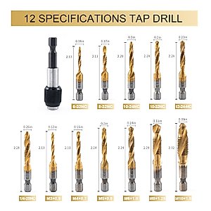 HIDOTOL Titanium Combination Drill and Tap Bits Set with Quick Change Adapter, 13 PC SAE/Metric Screw Taps, 3-in-1 Bit Tool for Drilling, Tapping and Countersinking