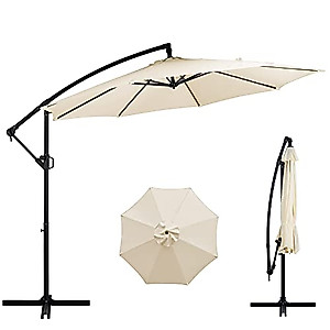 Shintenchi Patio Offset Umbrella w/Easy Tilt Adjustment,Crank and Cross Base, Outdoor Cantilever Hanging Umbrella with 8 Ribs, 95% UV protection and Waterproof Canopy, Cream White