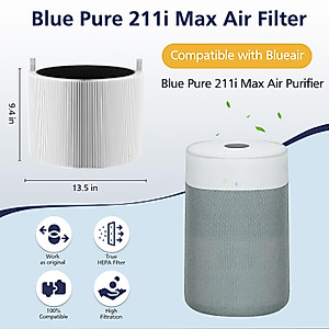 211i Max Replacement Filter Compatible with Blueair Blue Pure 211i Max Air Purifier, H13 True HEPA and Activated Carbon Replacement Filter for Blue Pure 211i Max, Compare to part # F2MAX, 1 Pack