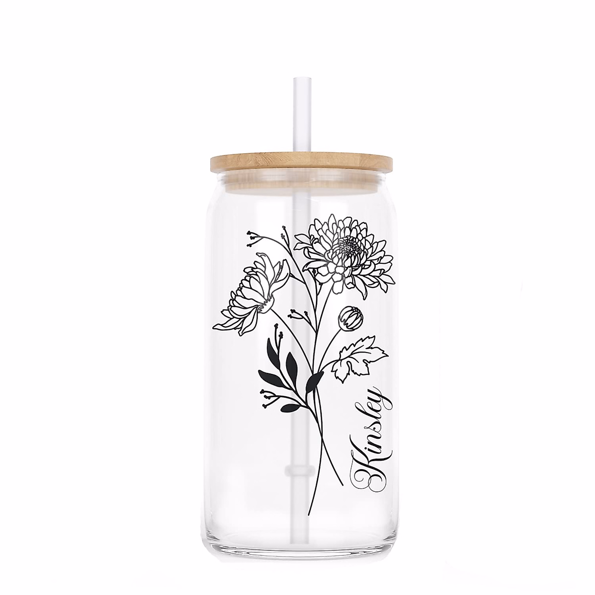 Iced Coffee Glass Cup with Bamboo Lid and Straw - Personalized Birth Month Flower and Name - Gift for Her Birthday, Mothers Day Gift, Christmas, Bridesmaid Gift Ideas