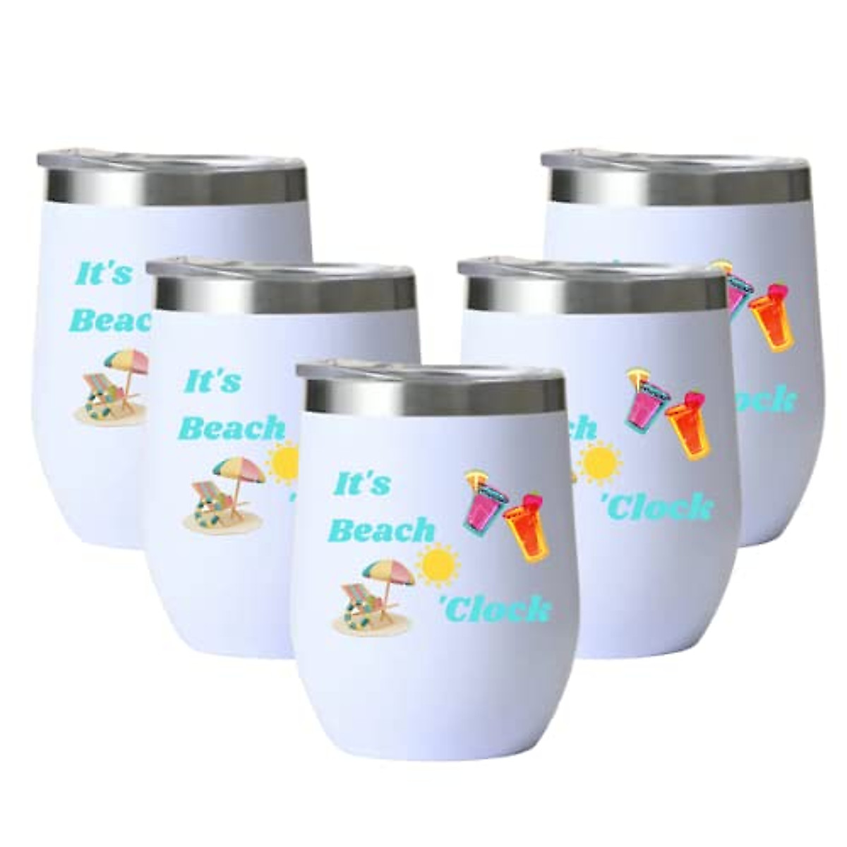 Lovely shape, White, It's Beach O 'Clock 3D UV Color Printing, Beach Accesories, Wine Tumbler Double Wall Stainless Steel Insulated 12oz, Durable Coffee Mug, Cocktail, Beer, Office (white)