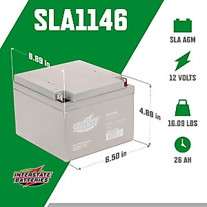 Interstate Batteries 12V 26Ah Battery (Nut & Bolt Terminal) SLA AGM VRLA Rechargeable Replacement for UPS Backup Power, Lawn & Garden, Solar (SLA1146)