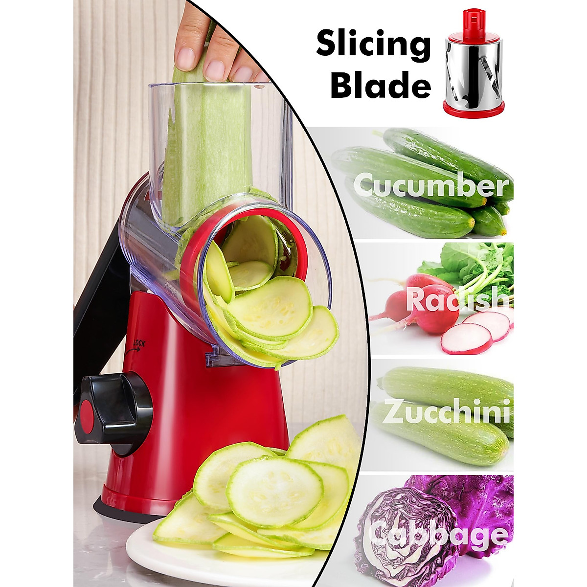 LucGee Rotary Cheese Grater with Handle - 3 in 1 Cheese Shredder Rotary Grater Stainless Steel Handheld, Vegetable Slicer for Fruit, Cheese, Nuts(Red)