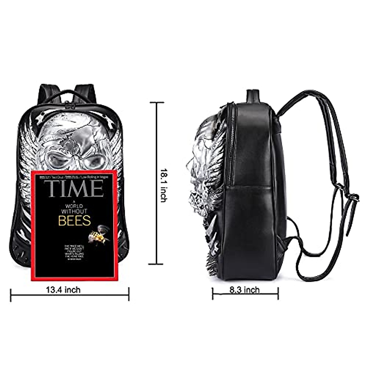 AIBAG 3D Skull Head Backpack, PU Leather Gothic Cracked Rivets Studded Cool Laptop Backpack Large College Bookbag, Gold