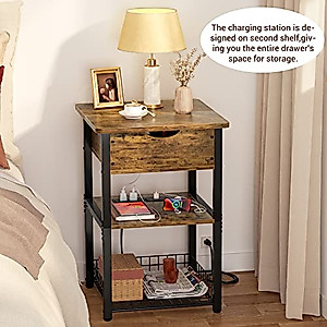 Cyclysio Nightstand Set of 2 with Charging Station, End Table Side Table with USB Ports and Outlets, Flip Top Night Stands with Shelves, Slim Bedside Sofa Table for Living Room, Bedroom, Rustic Brown