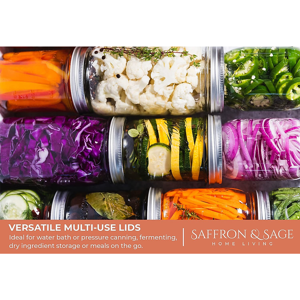 Saffron & Sage Canning Lids Regular Mouth - 120 Count Quality Universal Lids for Ball, Kerr Mason Jars - Good Sealing Performance for a Tight Seal, Food Grade, Rust Proof, and Thick to Prevent Warping