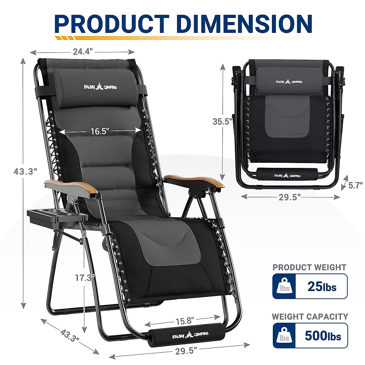 UDPATIO Zero Gravity Chair 30In XL Oversized Outdoor Anti Gravity Chairs Patio Lounge Folding Adjustable Chair with Cup Holder, Foot Pad & Padded Headrest, Supports 500lbs (Grey)