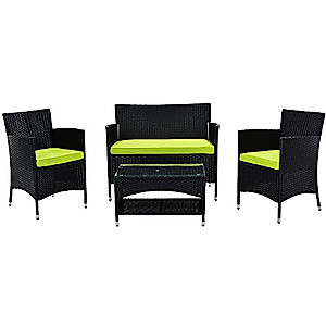 SAWQF 4PCS Patio Furniture Outdoor Garden Conversation Set Black Wicker 2 Armchairs+1 Double Sofa+1 Table w/Green Cushion