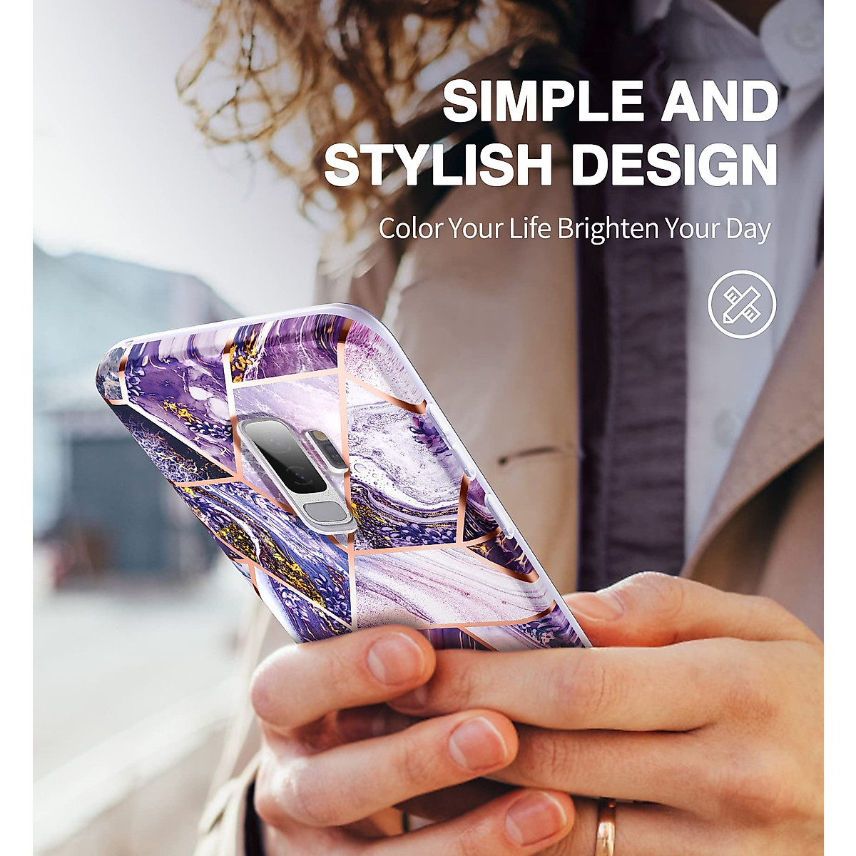 SURITCH for Samsung Galaxy S9 Plus Marble Case, [Built-in Screen Protector] Full-Body Protection Shockproof Rugged Bumper Protective Cover for Galaxy S9 Plus 6.2 Inch (Lavender)