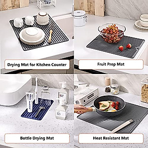 Dish Drying Mat, Silicone Drying Mat for Kitchen Counter, Food Grade Easy to Drain & Clean Thicker Drying Pad for Dish/Cup/Glassware/Pot Heat Resistant Mat 12 x 6 Inches Elegant Grey