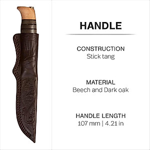 Helle Knives - Sigmund - Triple Laminated Stainless Steel Fixed Blade - Beech, Darkened Oak, & Leather Handle - Leather Sheath - Field Knife for Camping, Fishing, Hunting, Men & Women - Made in Norway