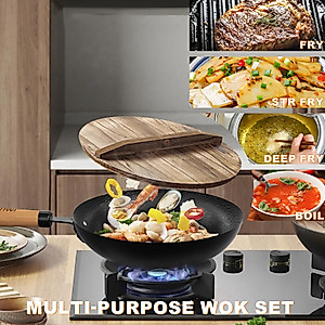 NFFTYUUT Carbon Steel Wok Pan, 8 Piece Woks & Stir-Fry Pans Set with Wooden Lid No Chemical Coated Flat Bottom Chinese Woks Pan for Induction, Electric, Gas, Halogen All Stoves - 13''