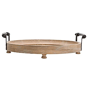NIKKY HOME Farmhouse Round Wood Decorative Tray, Distressed Candle Tray with Metal Handles, Centerpiece Decor for Coffee Bar, Kitchen Counter, Dining Room Table - Natural Wood