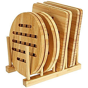 Lawei 8 Pack Bamboo Trivets with Dish Rack - Bamboo Trivet Mat Bamboo Hot Pads Trivet for Hot Dishes, Pot, Bowl, Teapot