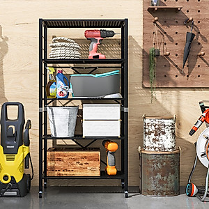 GOFLAME 5-Tier Folding Storage Shelf, Adjustable Shelves with Wheels, Detachable Shelving Unit, Large Capacity, Storage Rack for Garage, Kitchen, Balcony, Living Room, Black