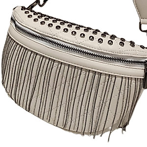 IAMUHI Women Vegan Leather Cross Chest Bag Rivets Fringed Shoulder Handbag Purse Waist Bag,White