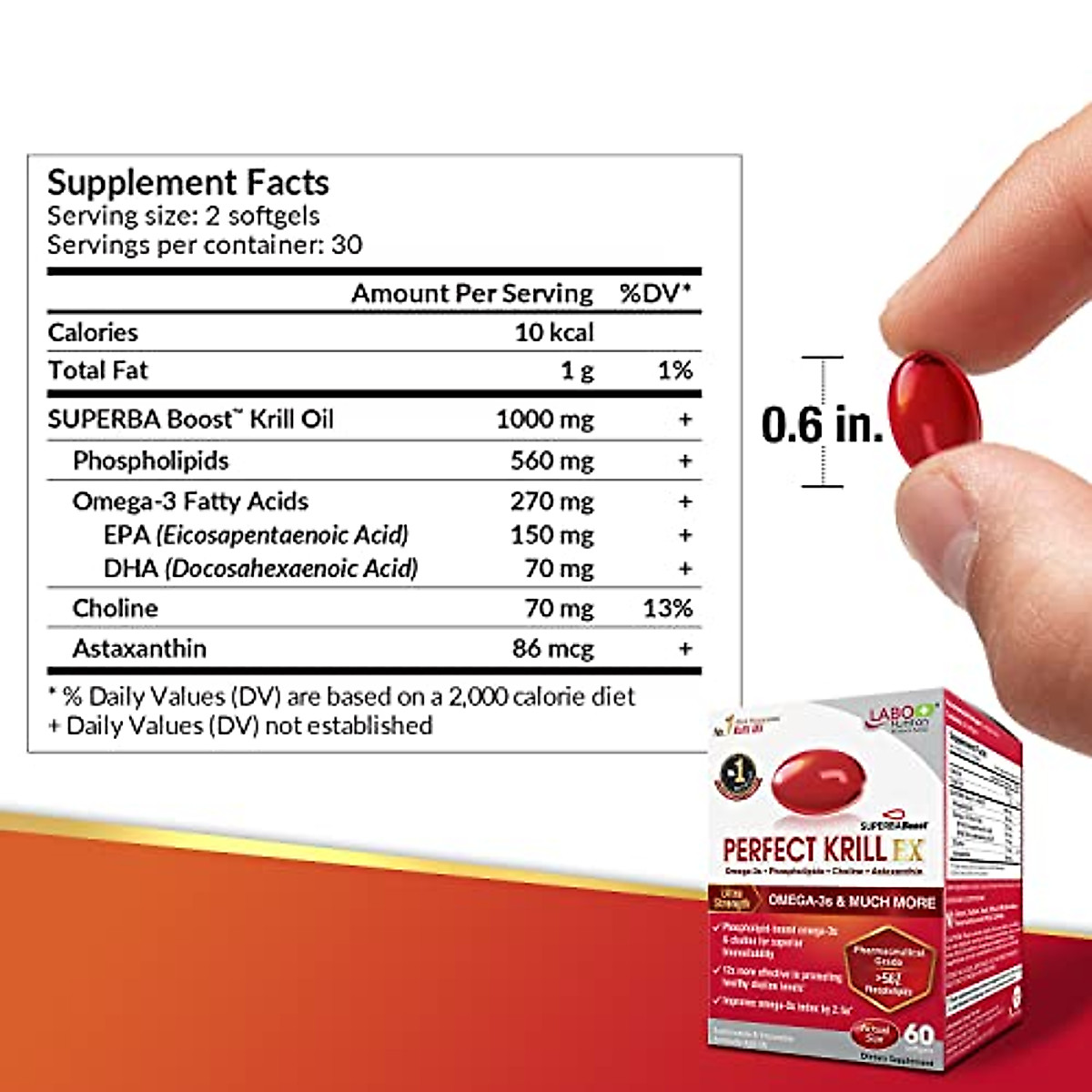 LABO Nutrition Perfect Krill EX, The Purest Ultra Strength Antarctic Krill Oil, Highest Phospholipids (>56%) with Choline & Astaxanthin, Omega 3, Heart & Joint Support, 100% Made In USA, 2x 60softgels