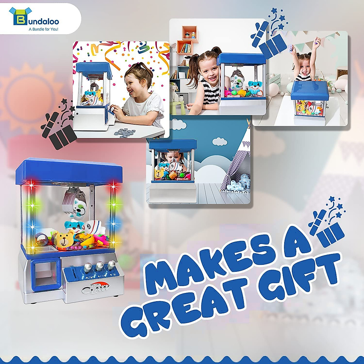 Bundaloo Claw Machine Arcade Game - Electronic Mini Candy and Toy Grabber Dispenser for Kids - with Lights Sound & 4 Mini Plush Animals (Blue)