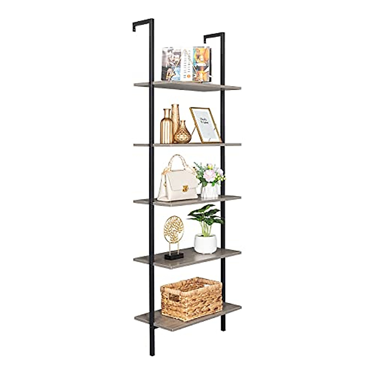 ANTSKU 5 Tier Wall Mounted Ladder Shelf, Ladder Bookshelf with Metal Frame and Wood Shelf, Modern Learning Bookcase for Living Room, Bedroom, Office (23.6" W x 11.8" D x 70.8" H, Antique Gray)