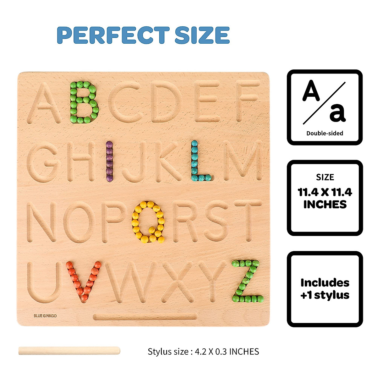 BLUE GINKGO Wooden Alphabet Tracing Board - Double-Sided Montessori Letter Tracing Board - Preschool and Toddler Learning Toys - Uppercase and Lowercase Wooden Alphabet - 11.4 x 11.4 Inches