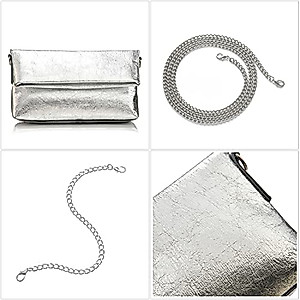 WOO Foldover Evening Clutch Bag Soft Metallic PU Shoulder Crossbody Tote Bag for Different Parties Mini Pouch, Silver