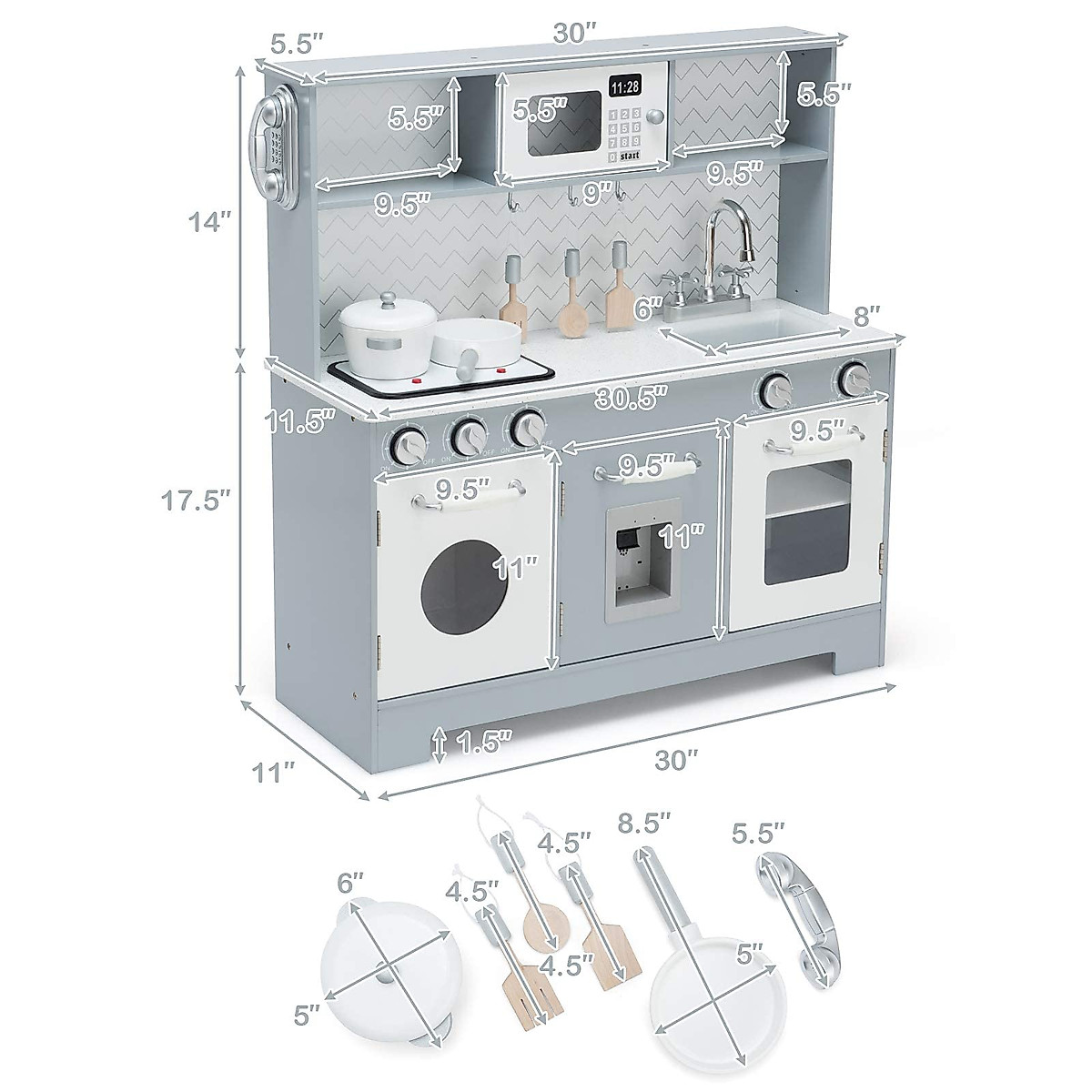 Costzon Kids Kitchen Playset, Wooden Pretend Cooking Playset w/Stove, Fridge, Microwave, Removable Sink, Water Dispenser w/Light Sound, Cabinets, Great Gift for Boys Girls